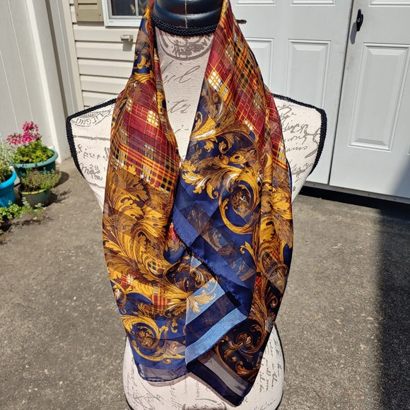 Accessories | Stunning Navy Gold Leaf Tartan Design Scarf | Poshmark